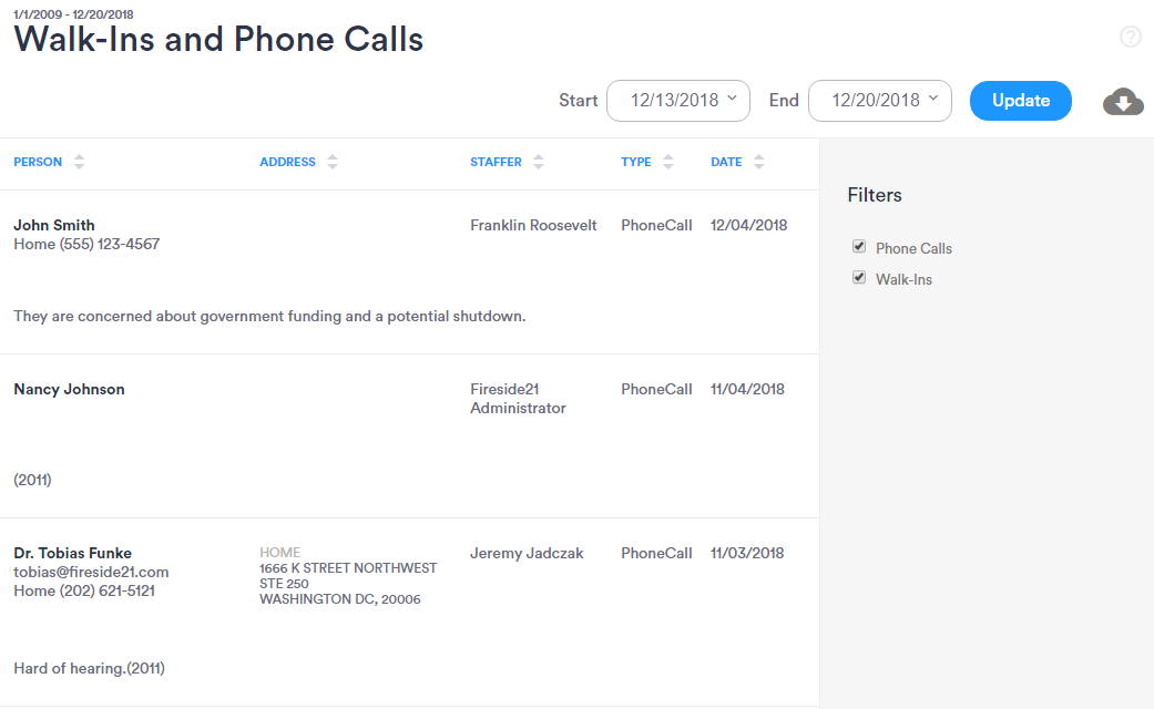 Walk-Ins and Phone Calls Report – Fireside