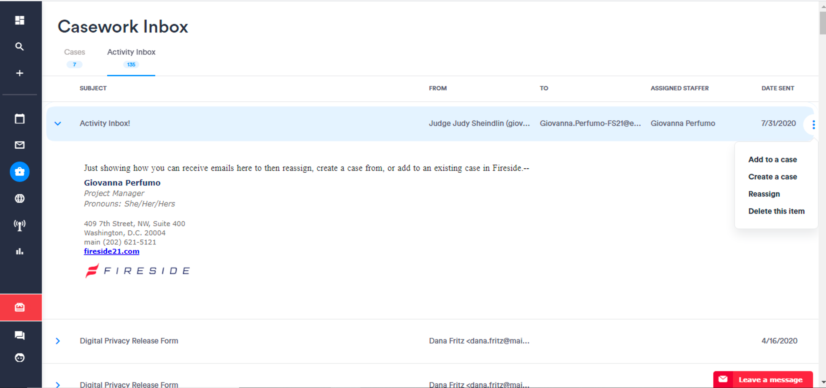 Casework Activity Inbox Fireside 