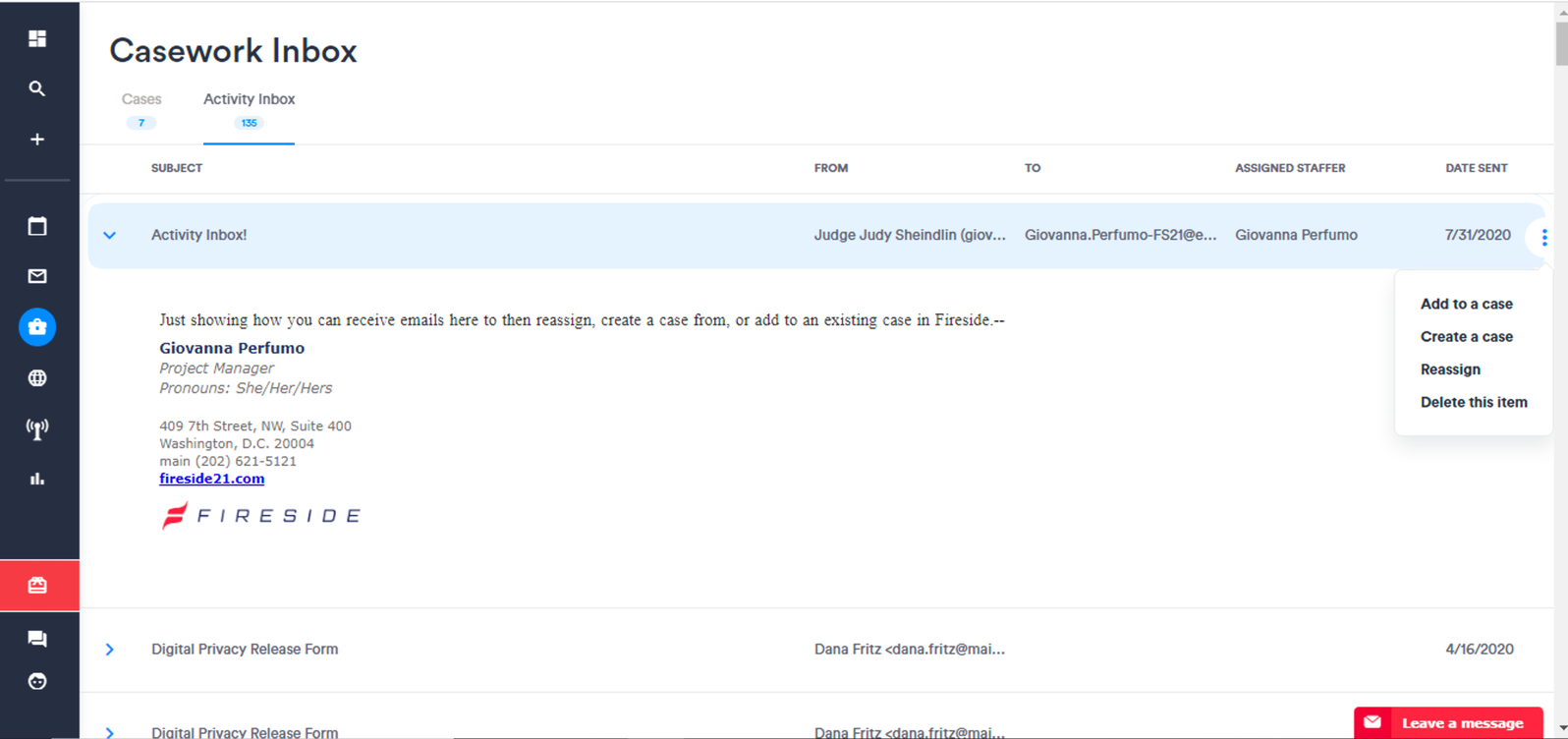 Fireside State Casework Activity Inbox – Fireside